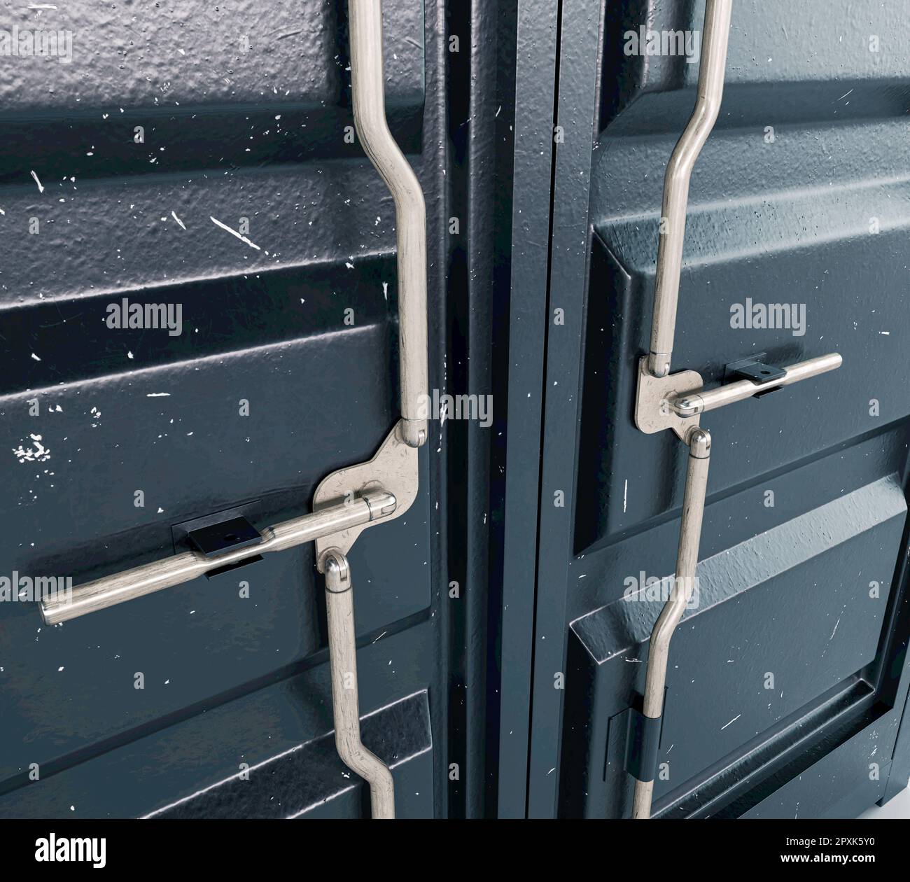 A shipping container with shut doors and a locking mechanism on an ...