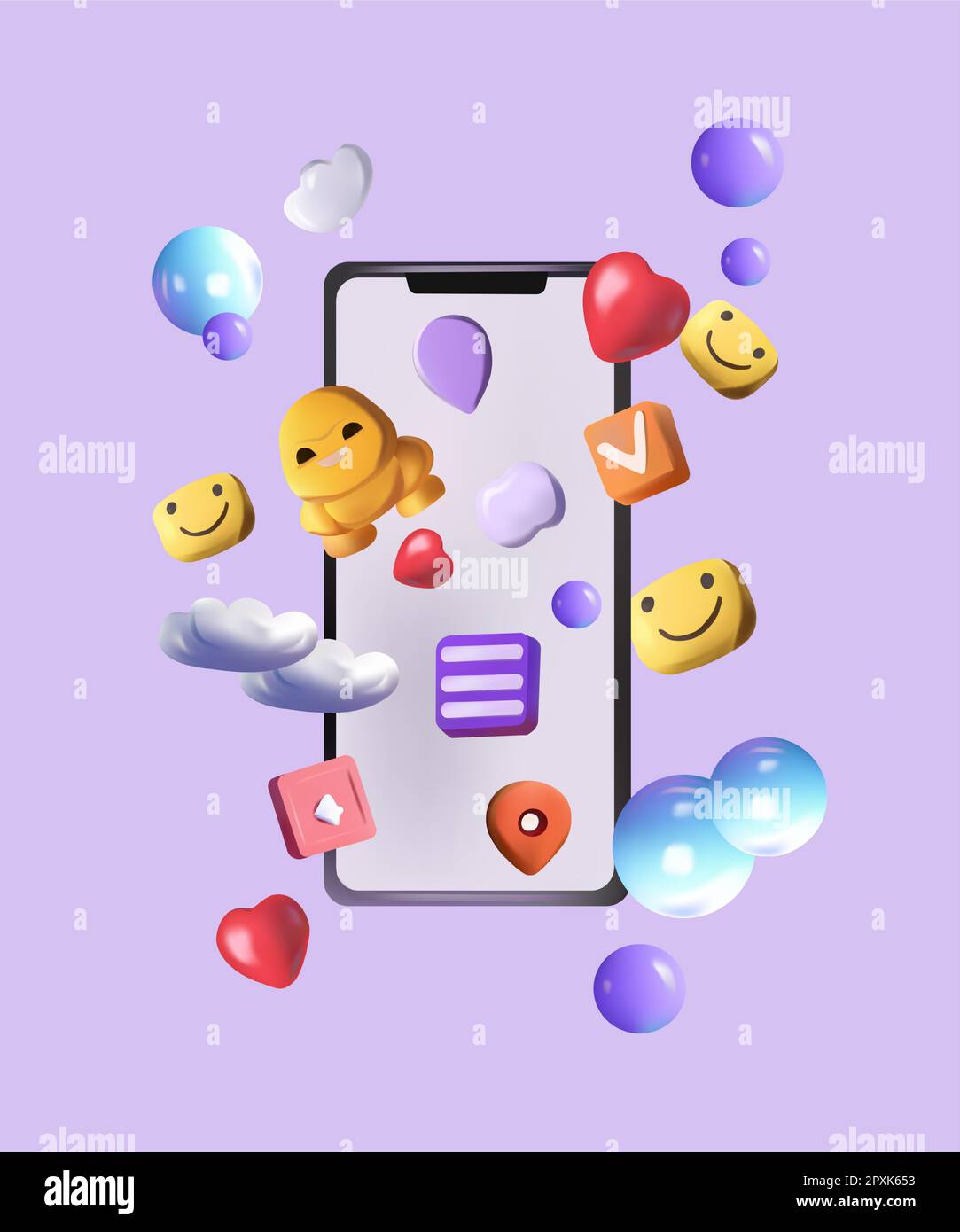 Innovative 3D concept for a virtual social networking platform. A hand grasps a smartphone ...