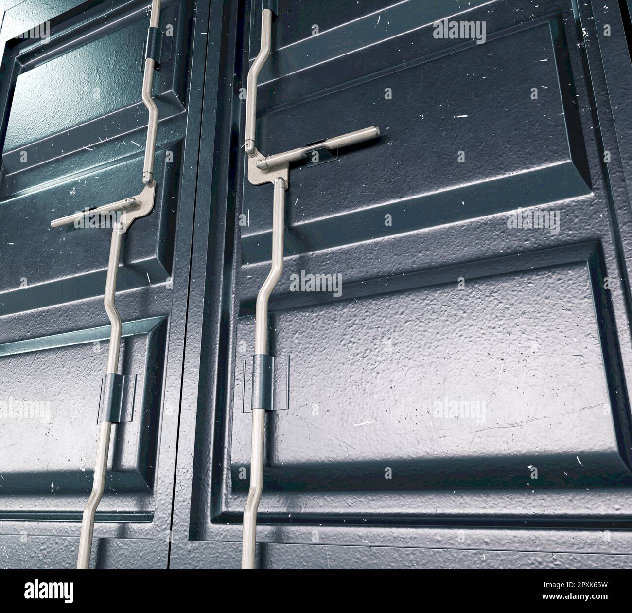 A shipping container with shut doors and a locking mechanism on an ...