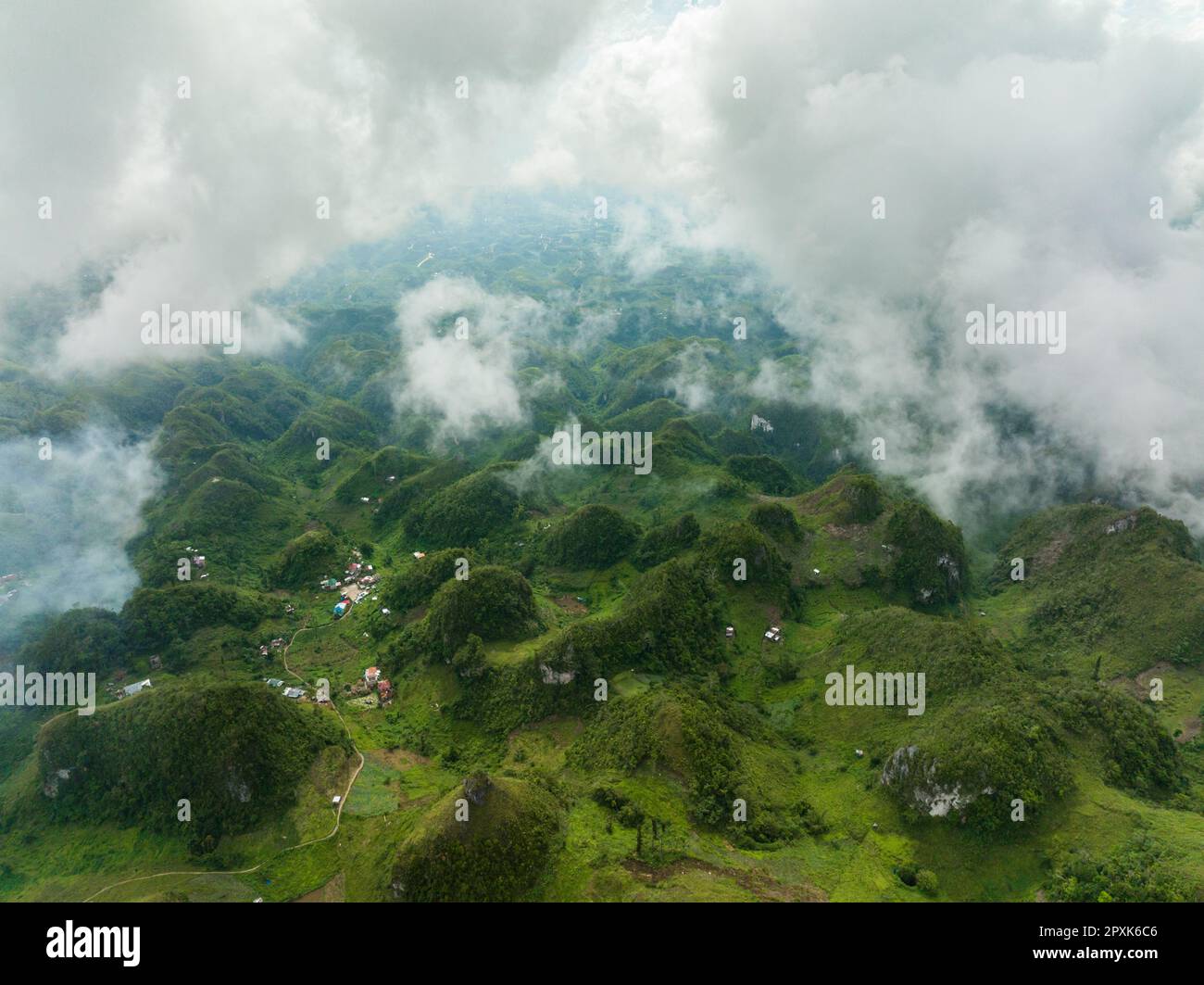 Aerial view of mountain peaks and hills covered with green vegetation ...
