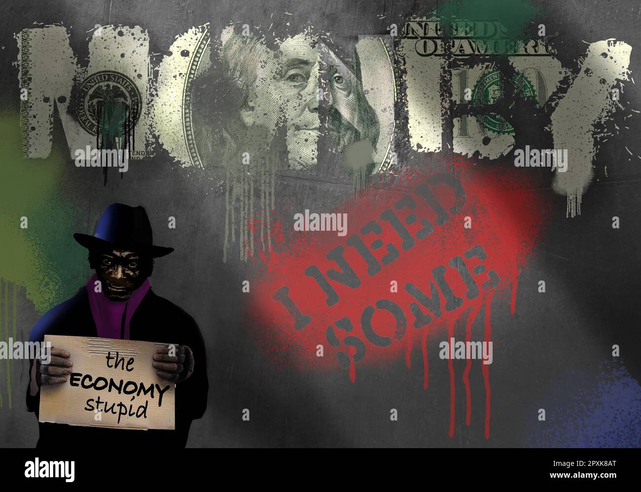 A man holds a cardboard sign about the economy. The words MONEY, I NEED ...