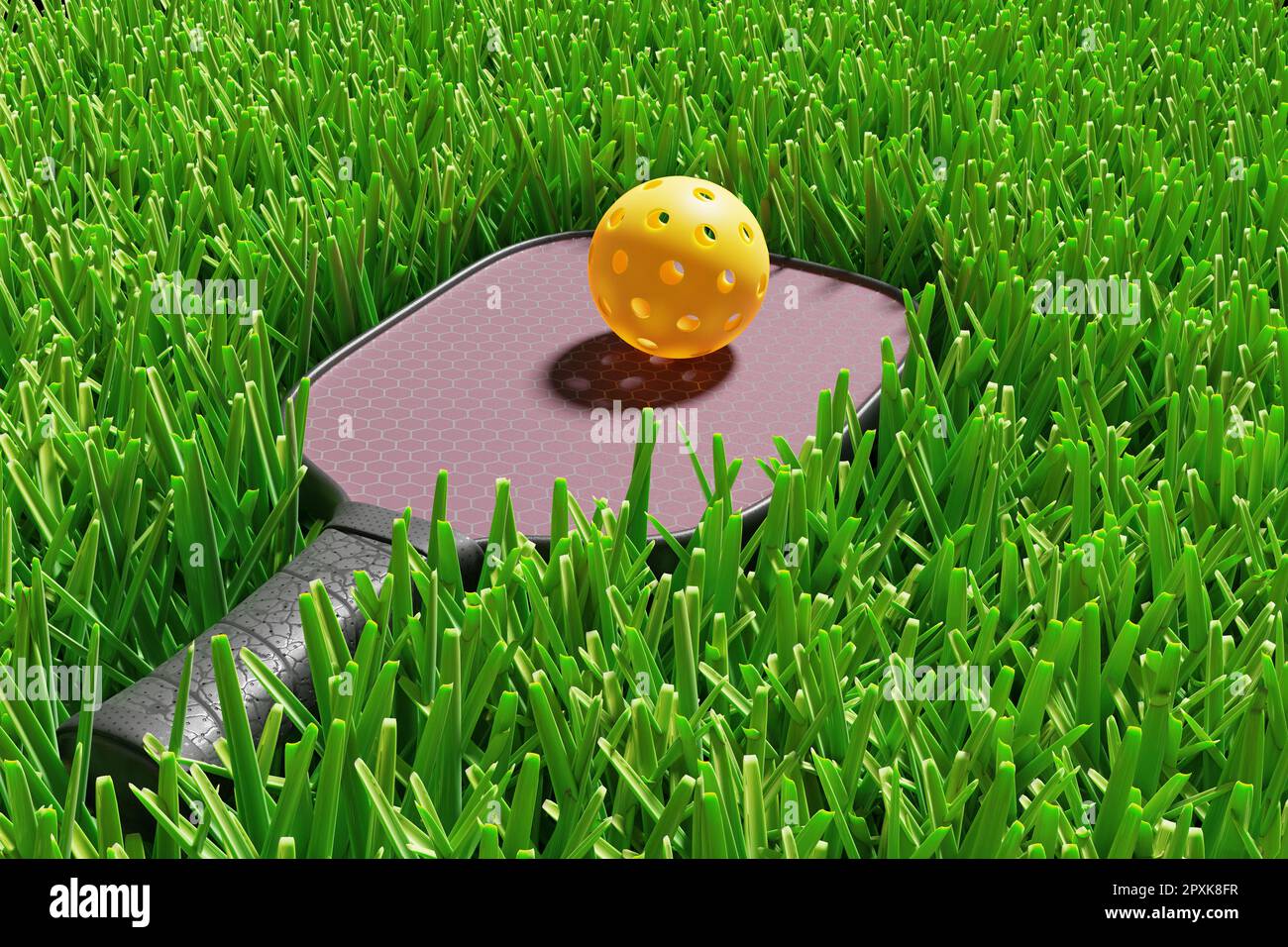 Racket and sports ball for pickleball on lawn grass. 3D rendering Stock ...