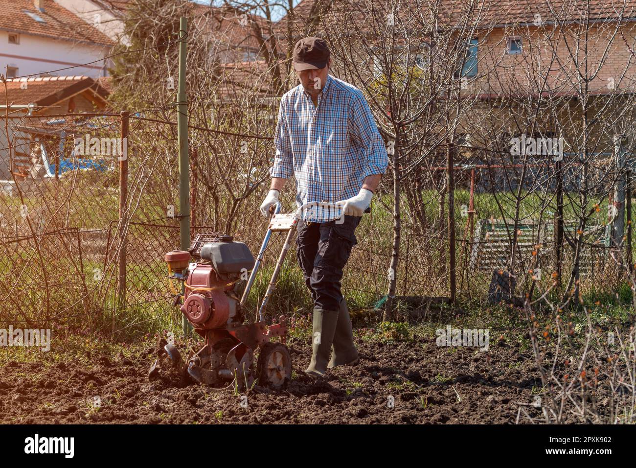 Farmer performing garden soil tillage with old poor cultivator tiller ...