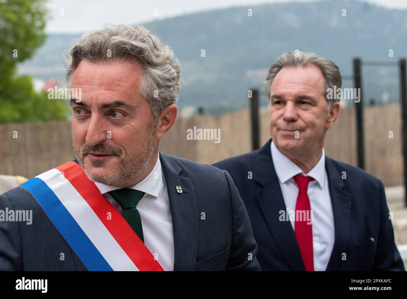 Aubagne, France. 30th Apr, 2023. Stephane Ravier (L) and Renaud ...