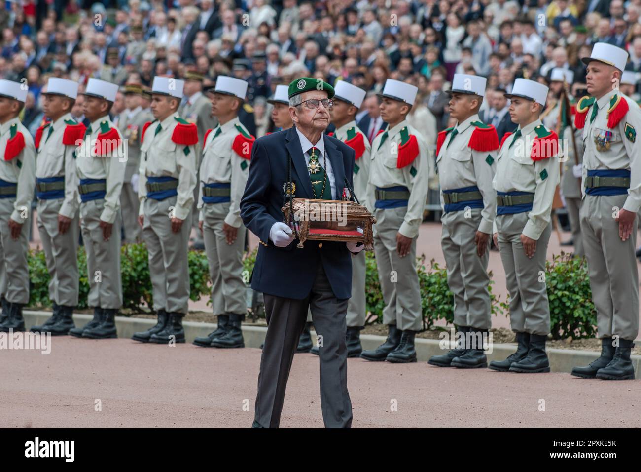 Aubagne, France. 30th Apr, 2023. Chaplain Yannick Lallemand carries the ...