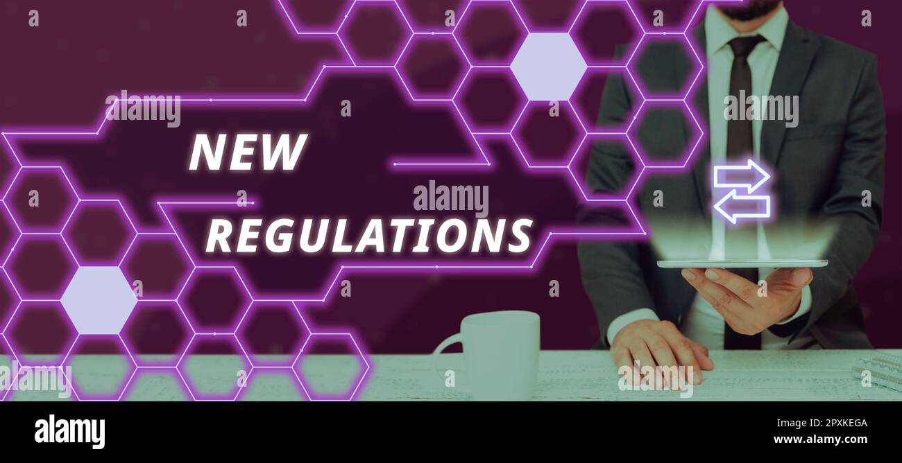 Text sign showing New Regulations, Business overview Regulation ...