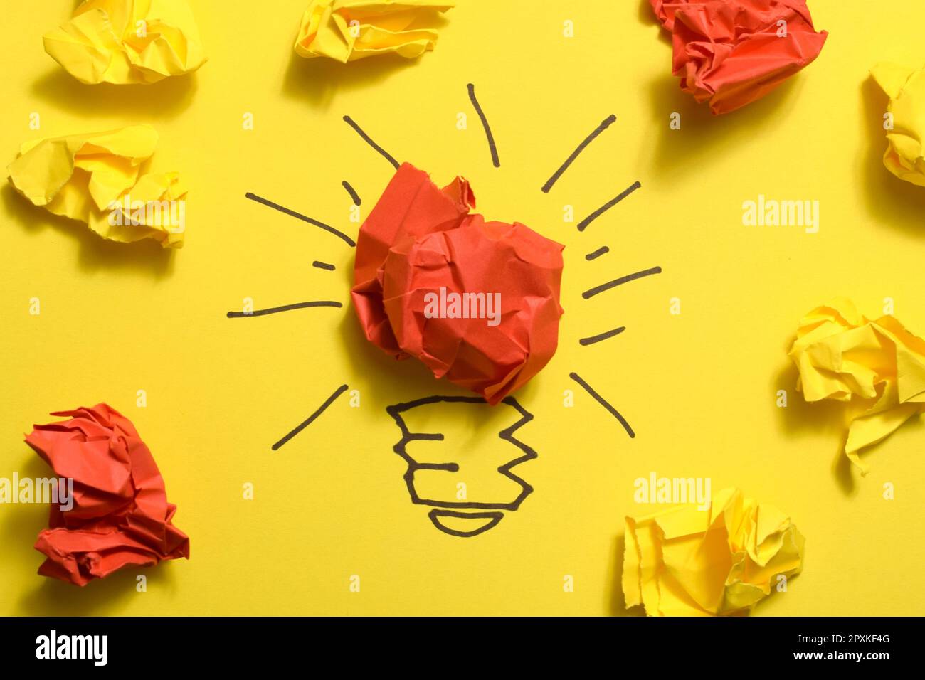 Creative thinking ideas and innovation concept. Paper scrap ball yellow ...