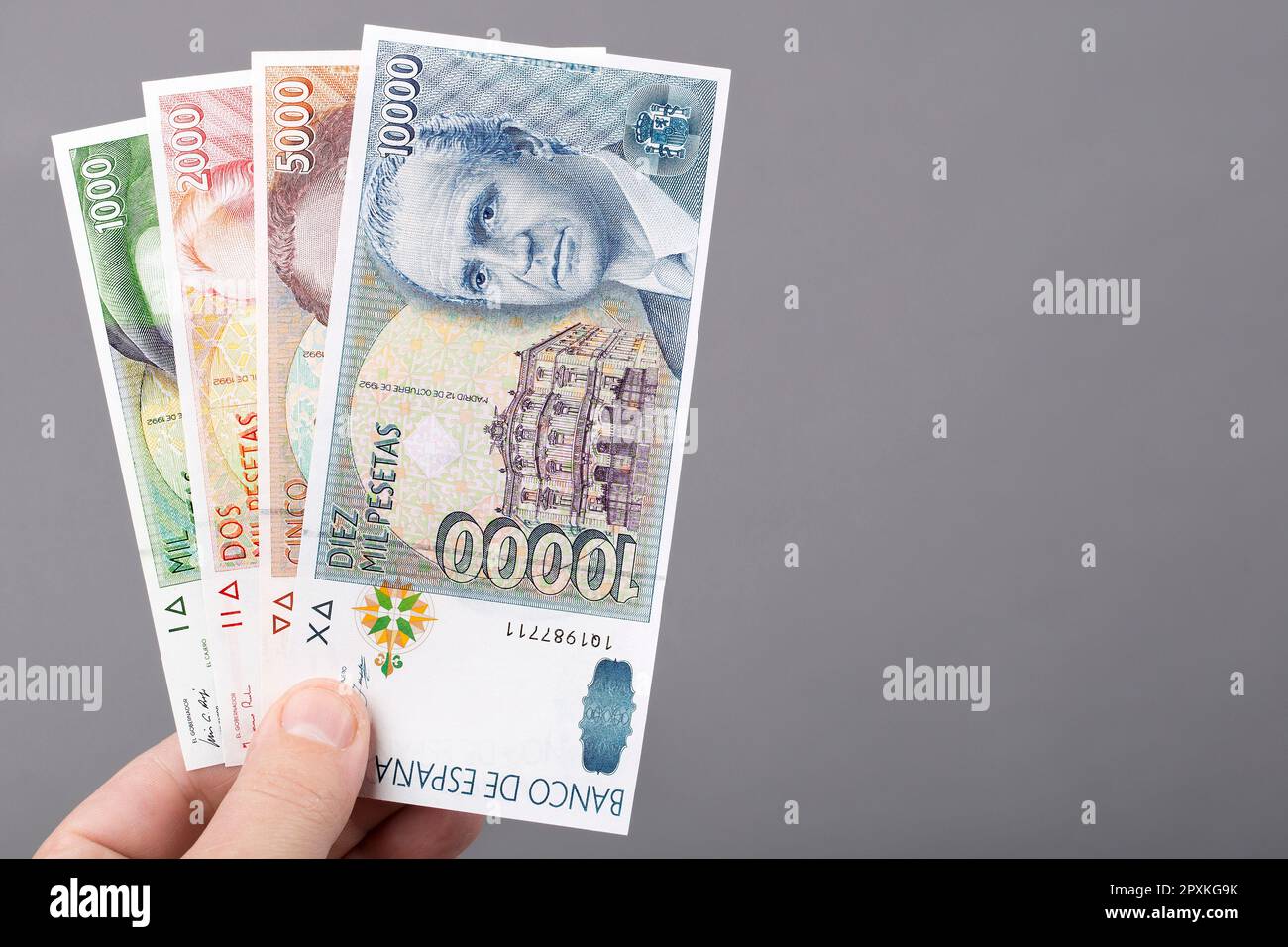 Spanish money - Peseta in the hand on a gray background Stock Photo - Alamy
