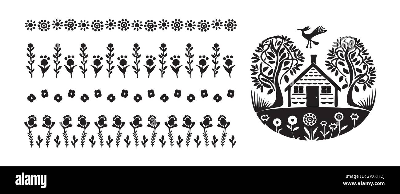 Quirky house with group of forest borders in vector motif organic style ...