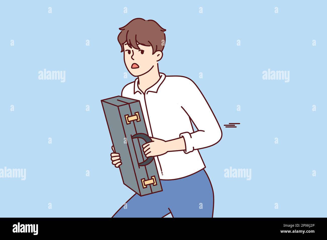 Frightened man with suitcase in hands runs away looking back to escape ...