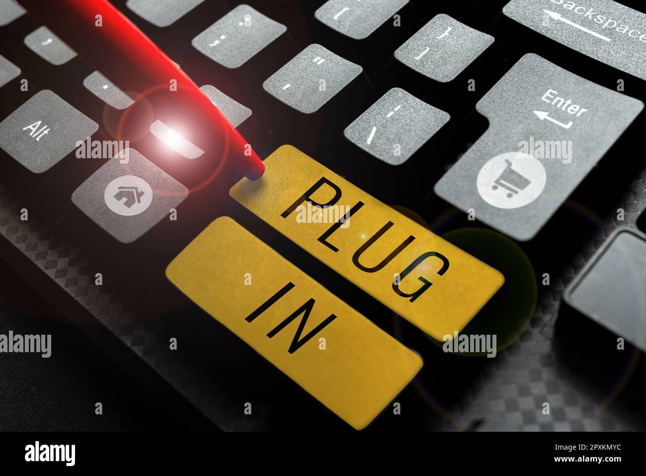 Text caption presenting Plug In, Word Written on putting device into ...
