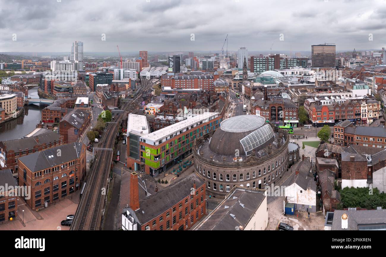 LEEDS, UK - MAY 2, 2023. An aerial panoramic view of a Leeds cityscape ...