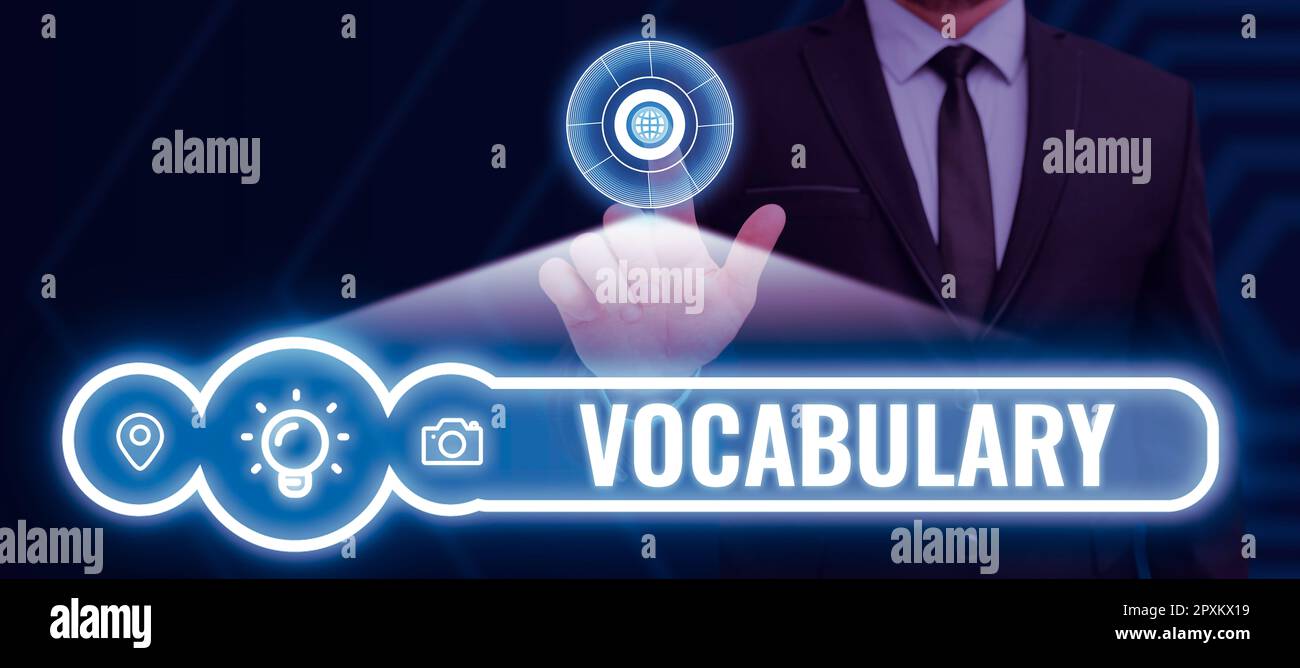 Text sign showing Vocabulary, Word Written on collection of words and ...