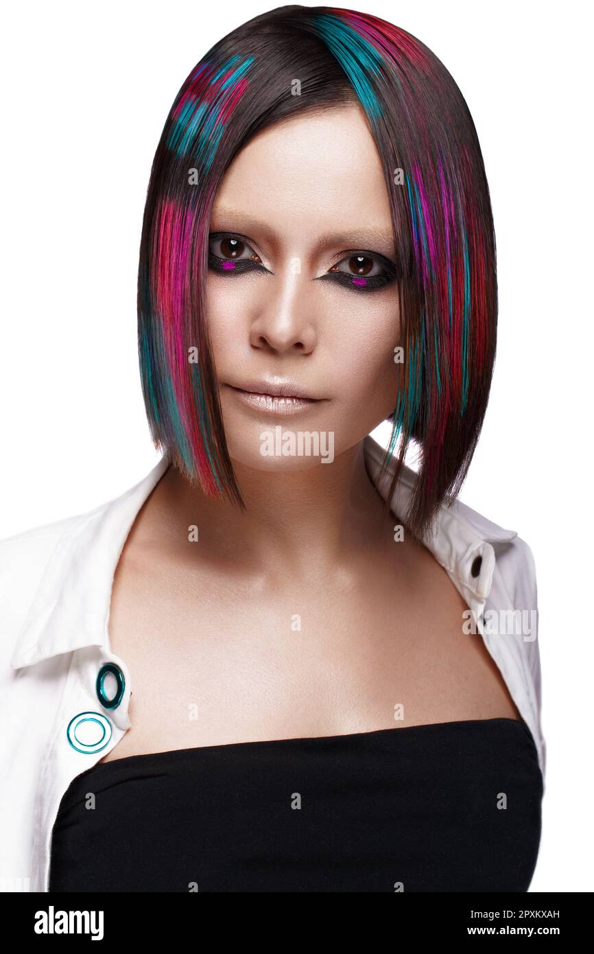 Portrait of beautiful woman with multi-colored hair and creative make ...