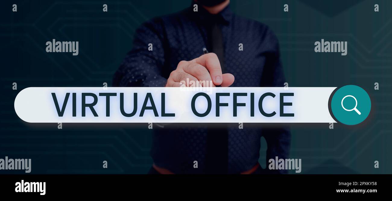 Text caption presenting Virtual Office, Word Written on Mobile work ...