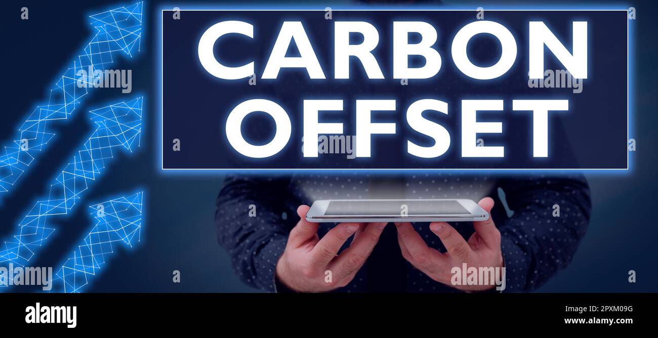 Text caption presenting Carbon Offset, Word Written on Reduction in ...