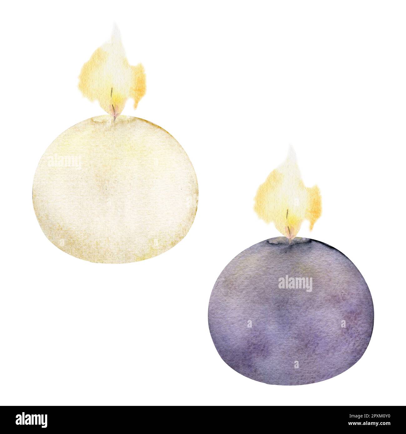 Hand drawn watercolor assorted candles lit with flames. Votives, balls ...