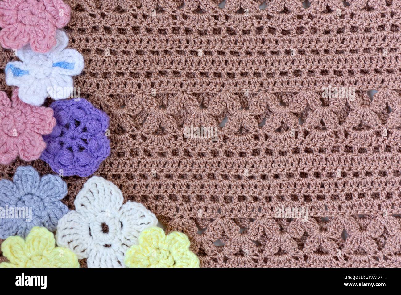 Handmade Light Beige Knitting Macro Fabric Pattern with Crochet Flowers ...