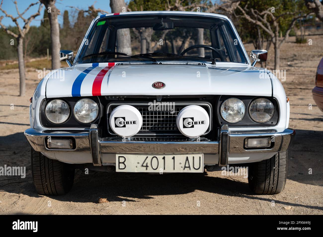 Detail of a classic Spanish sports car, the Seat 124 Sport in white ...