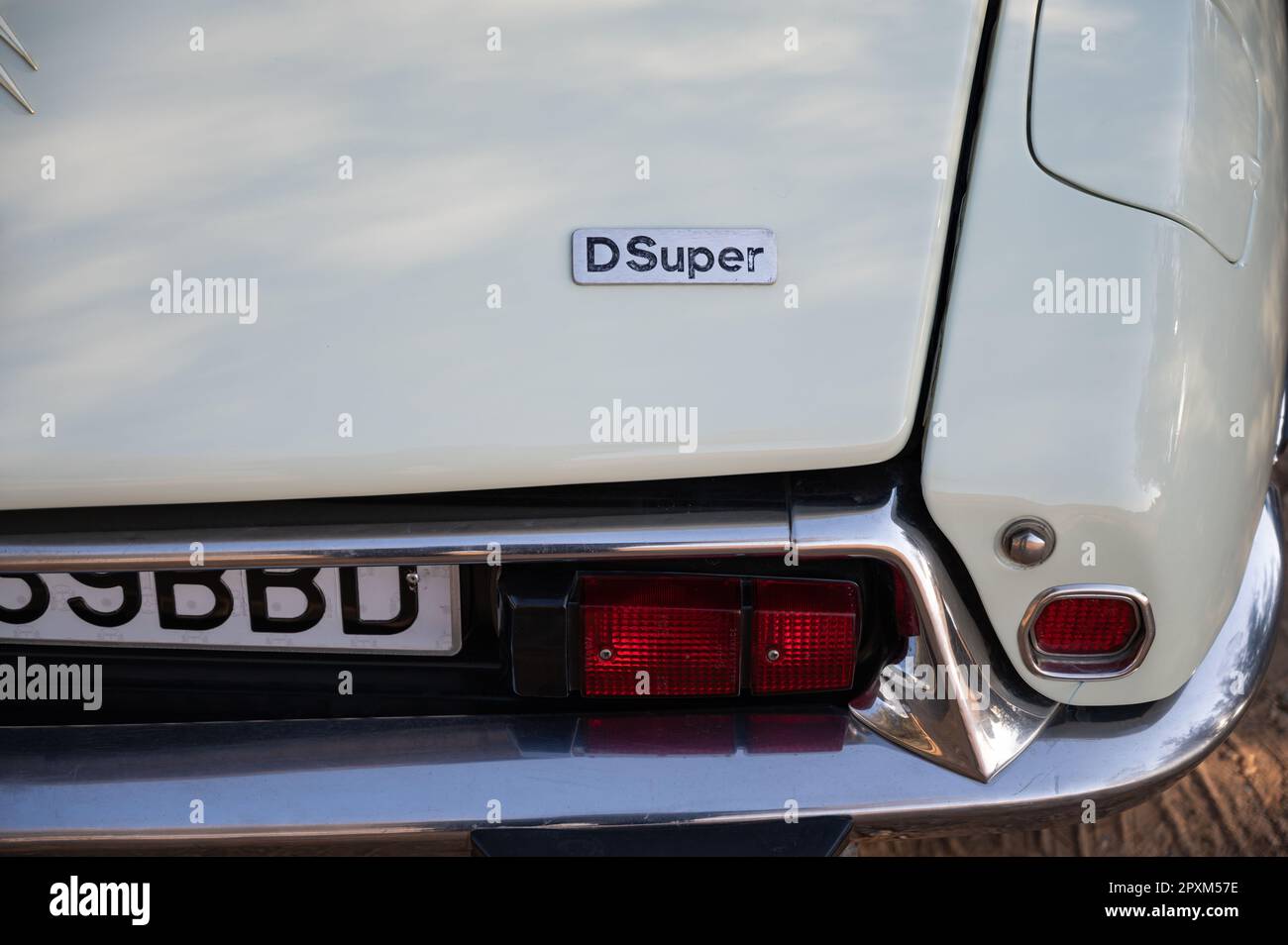 Detail of a beautiful French classic, the Citroen DS D super in white ...