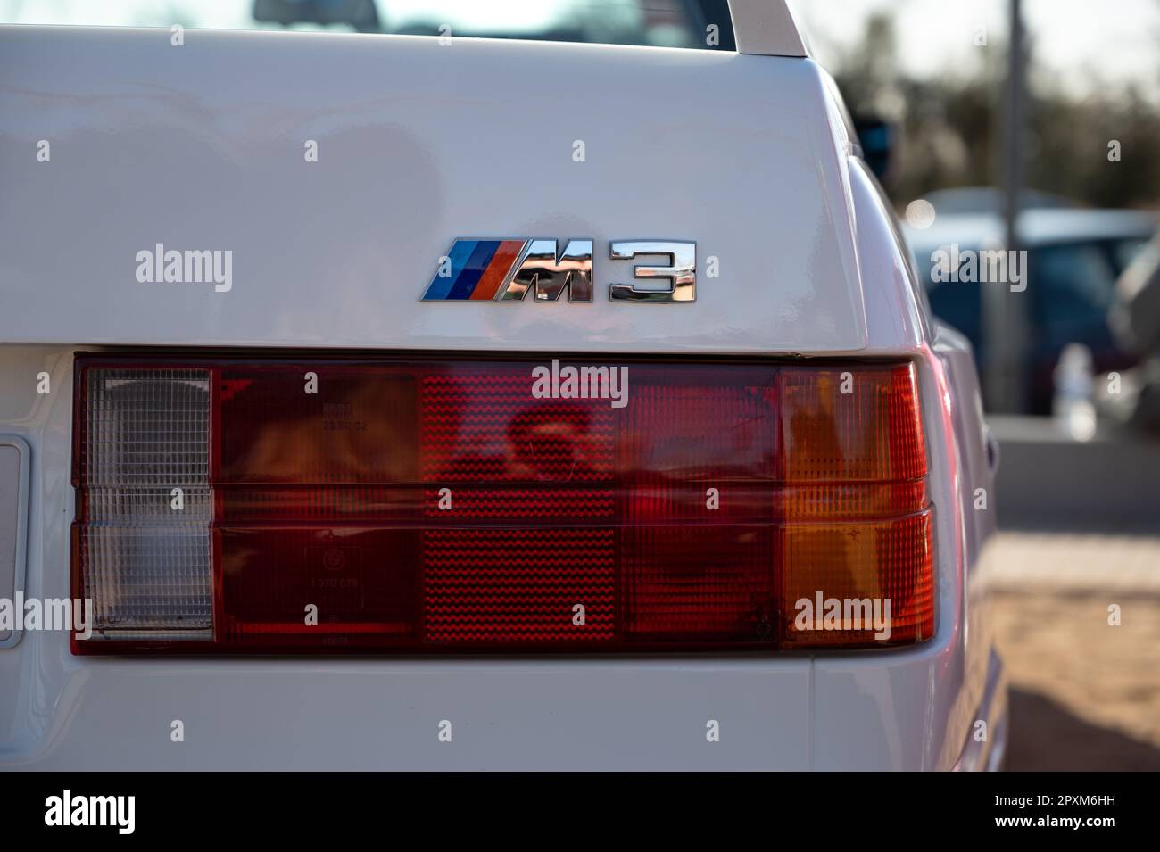 Detail of a beautiful German classic, the white BMW E30 M3. Detail of ...