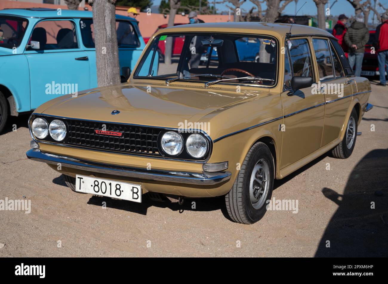 Detail of a classic car, the Austin Victoria De Luxe in brown color ...