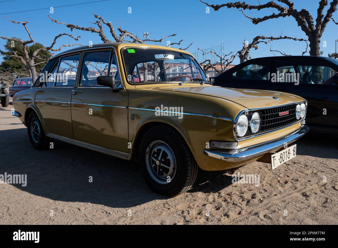 Detail of a classic car, the Austin Victoria De Luxe in brown color ...