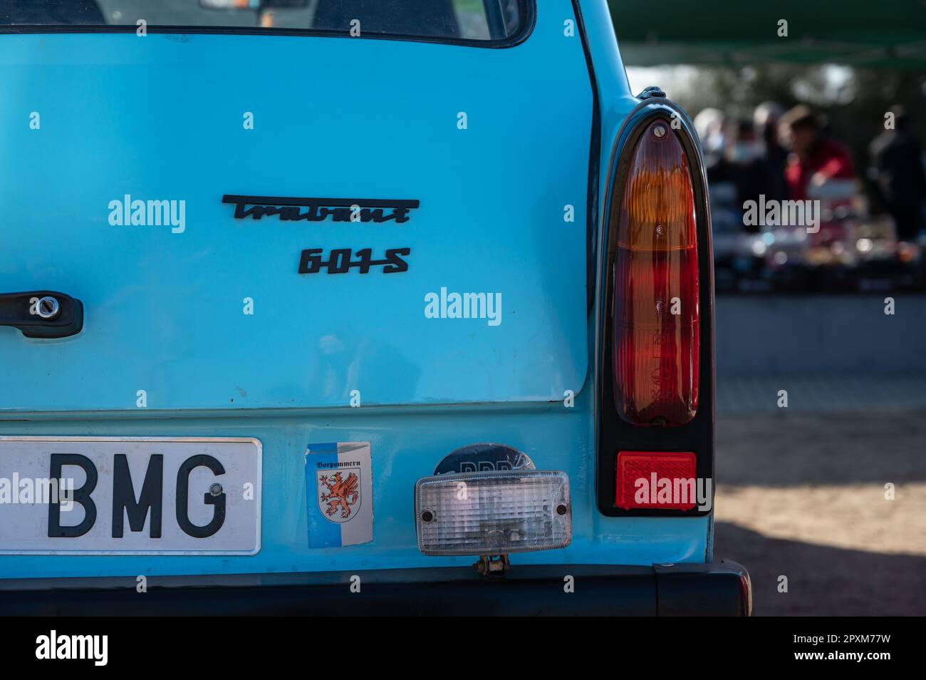 Detail of a classic car from Eastern Europe, the Trabant 601 in blue ...