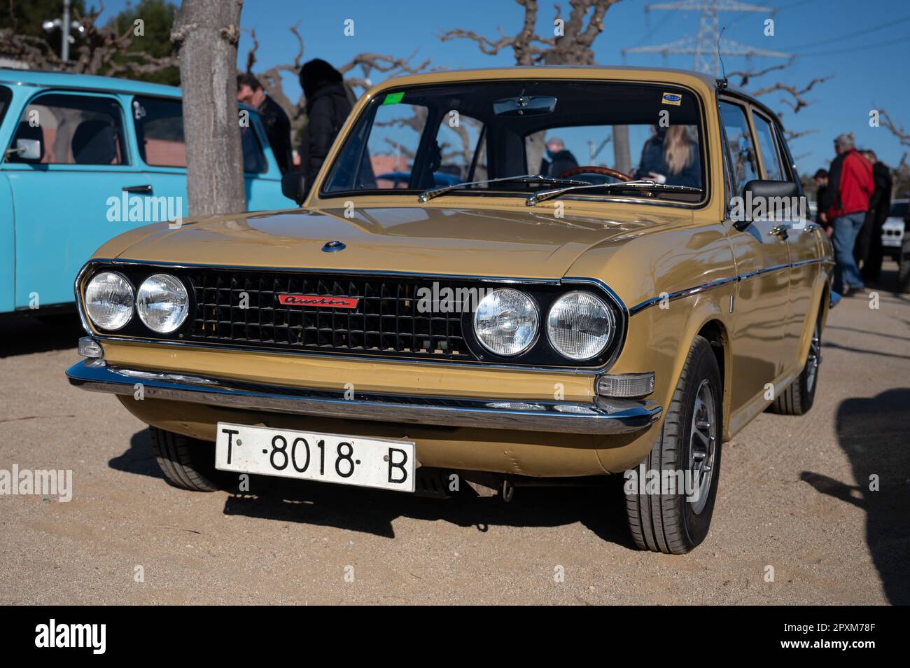Detail of a classic car, the Austin Victoria De Luxe in brown color ...