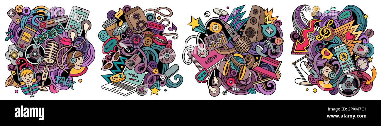 Audio content cartoon vector doodle designs set. Colorful detailed ...