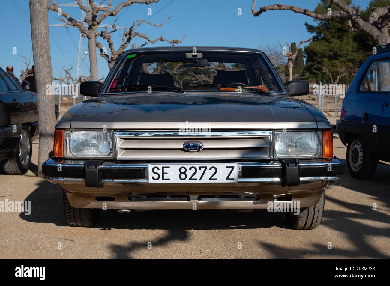 Detail of a beautiful classic car, the Ford Granada 2.8i Ghia in gold ...