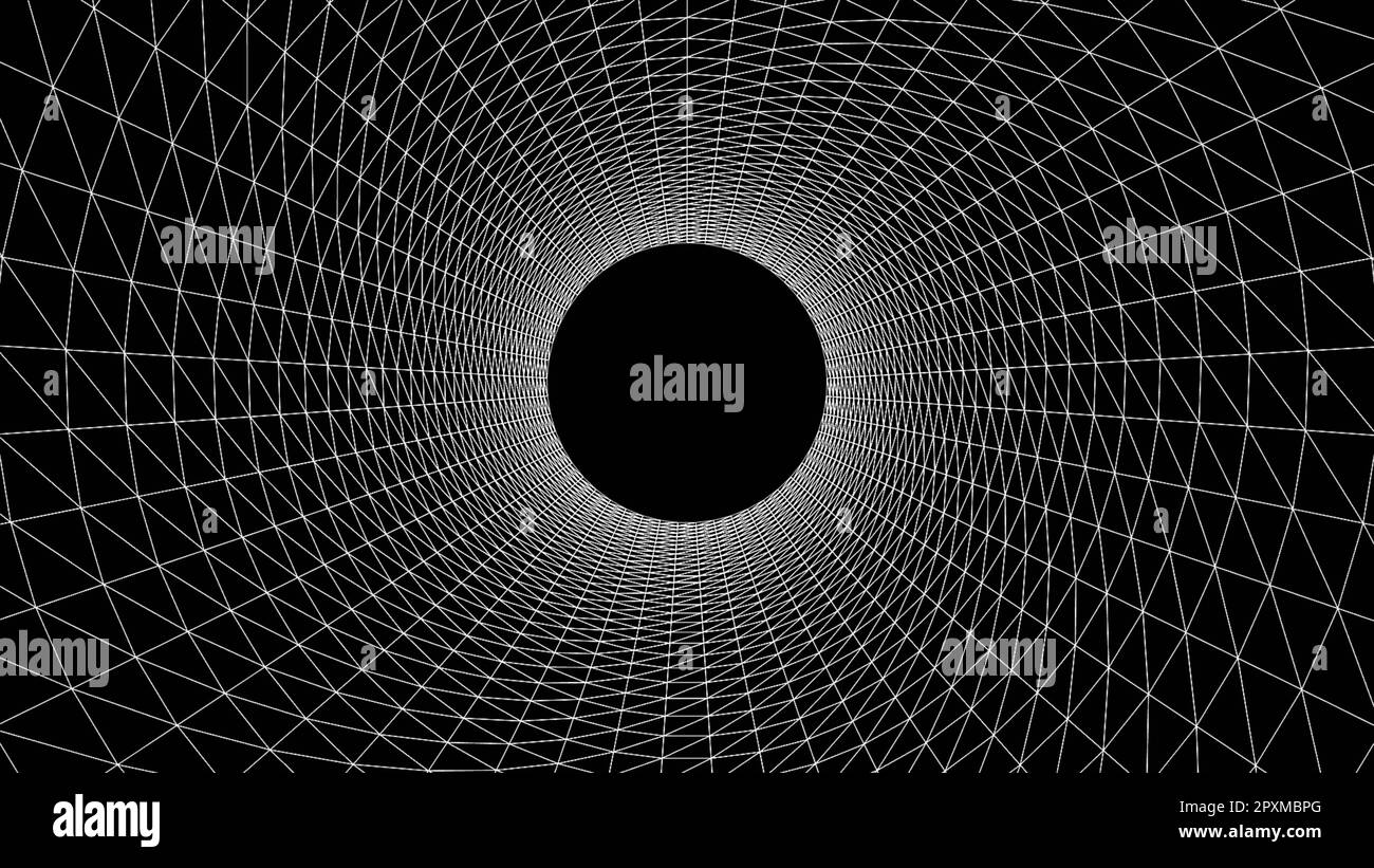 Black and white wireframe geometric shapes tunnel grid on a black ...