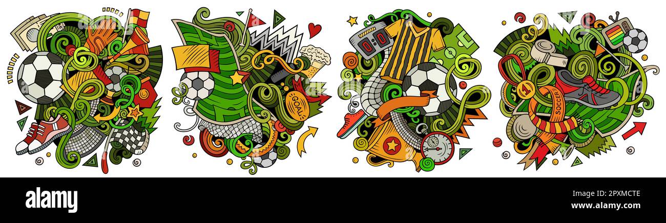 Football cartoon vector doodle designs set. Colorful detailed ...
