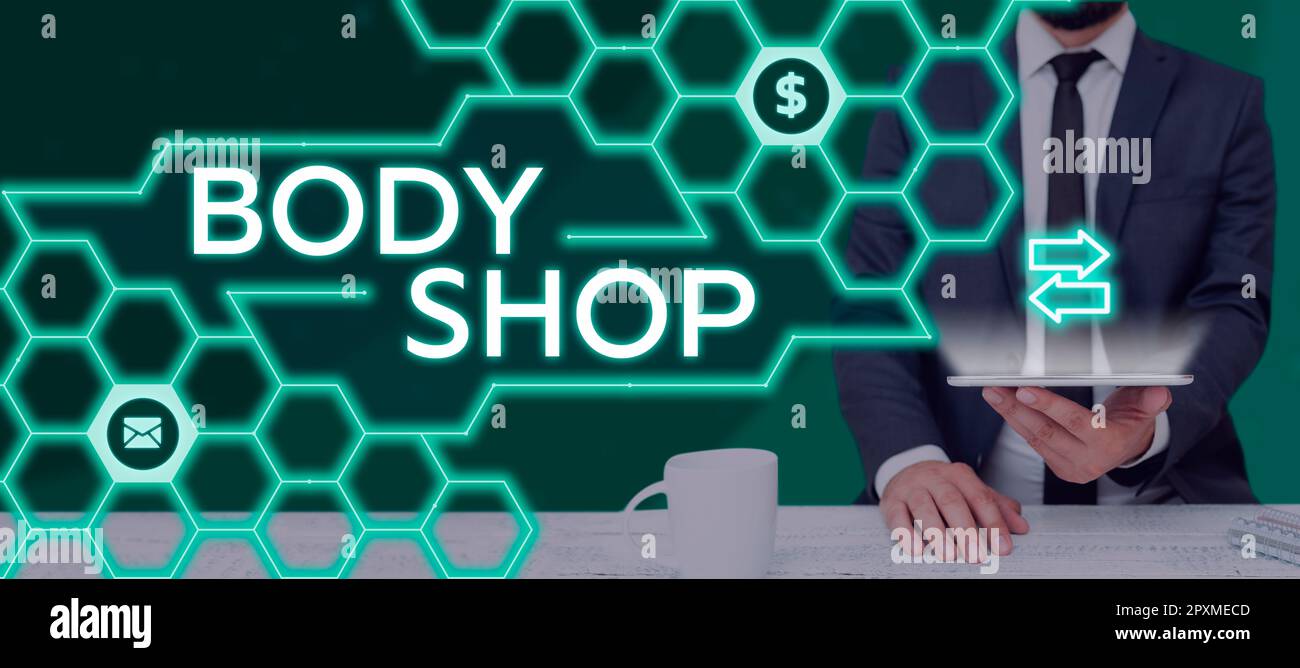 Hand writing sign Body Shop, Business idea a shop where automotive ...