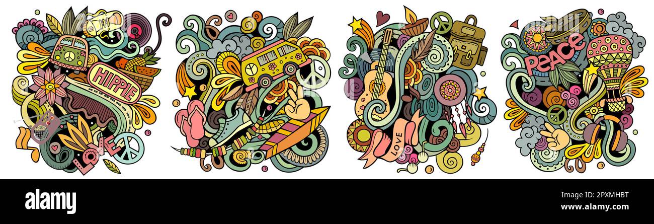 Hippie cartoon vector doodle designs set. Colorful detailed ...
