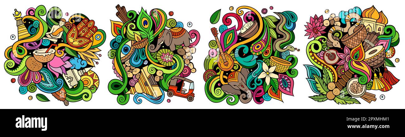 India cartoon vector doodle designs set. Colorful detailed compositions ...
