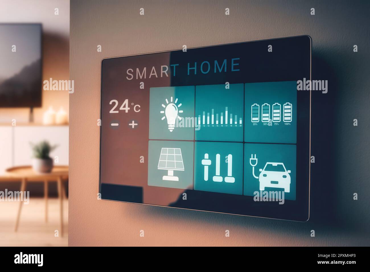smart screen with smart home with modern living room Stock Photo - Alamy