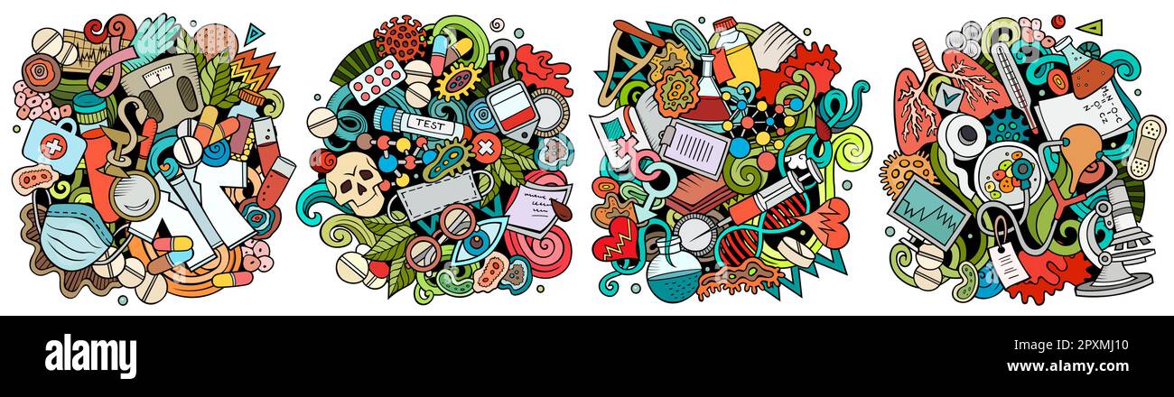 Medicine cartoon vector doodle designs set. Colorful detailed ...