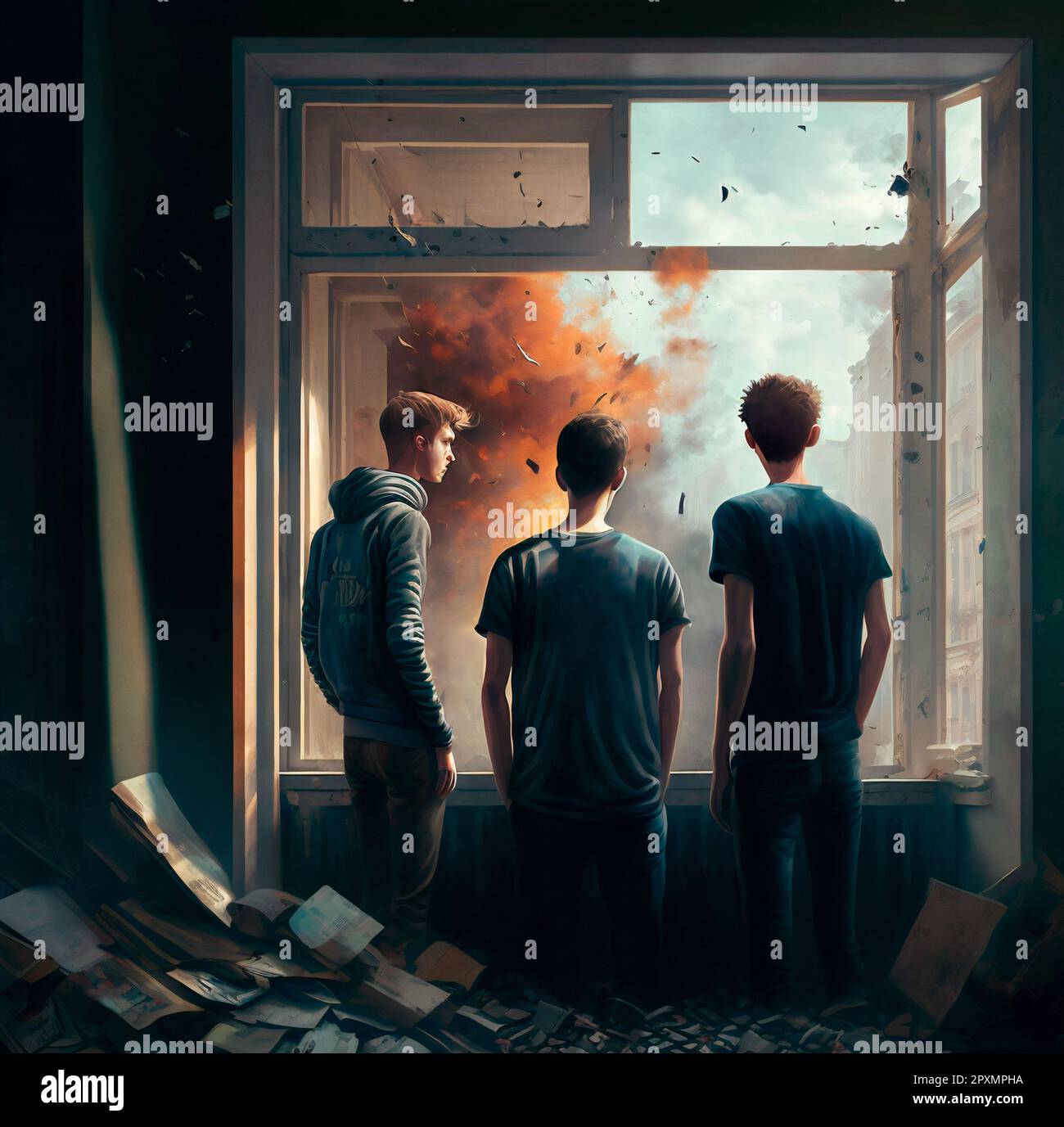 This painting depicts a room with a window showing the devastation ...