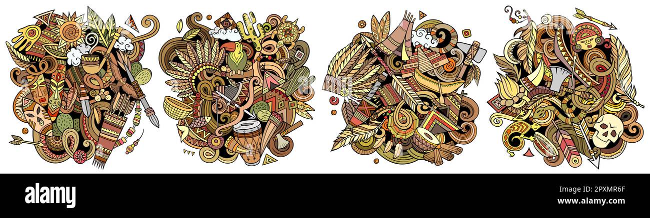Native American cartoon vector doodle designs set. Colorful detailed ...