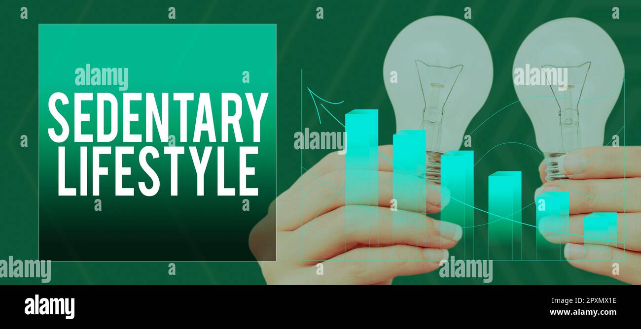Text caption presenting Sedentary Lifestyle, Concept meaning ways and ...