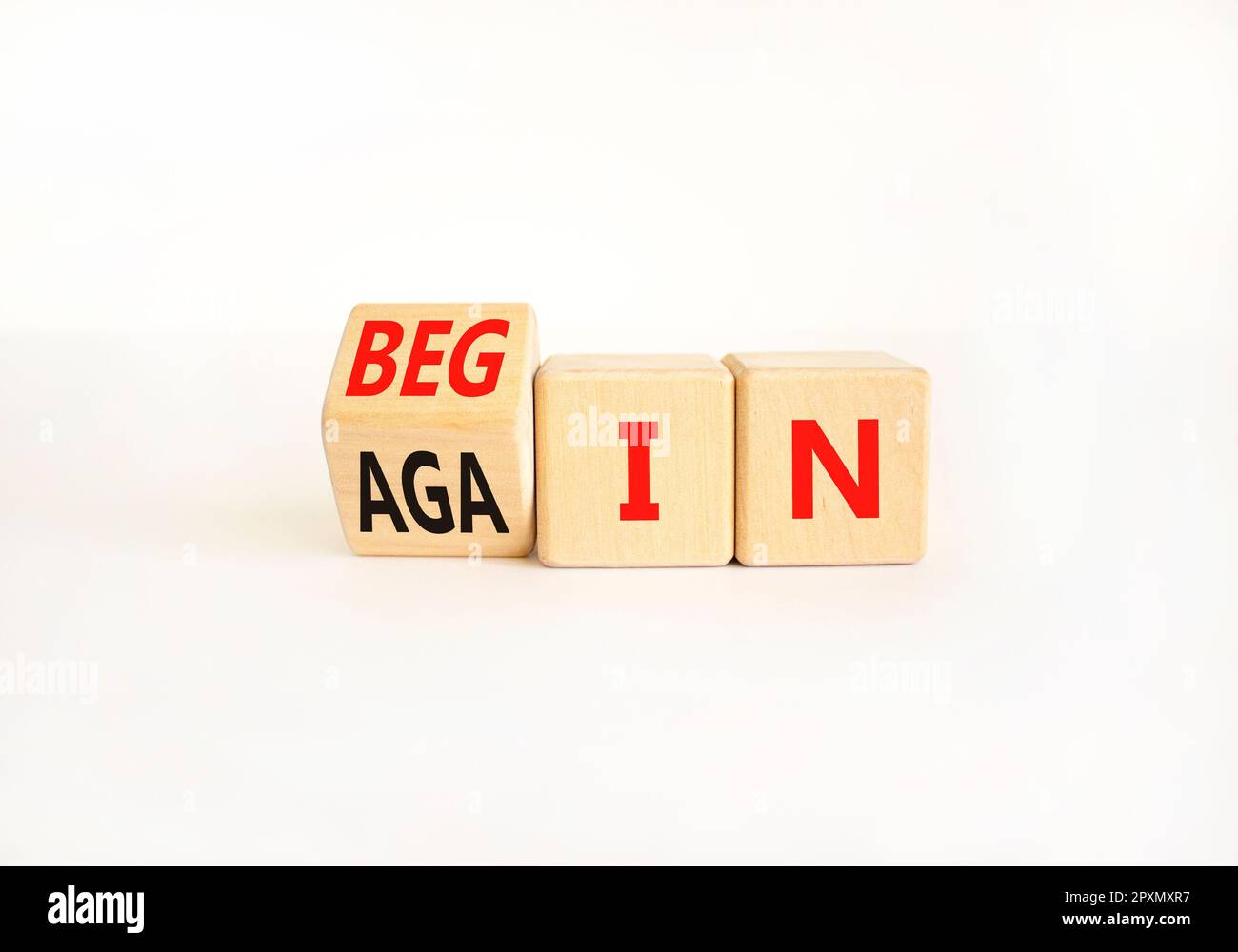 Begin again symbol. Businessman turns wooden cubes and changes the word ...