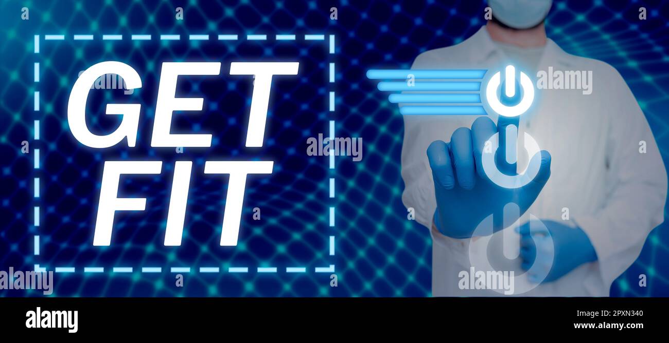 Text caption presenting Get Fit, Word Written on right size or shape ...