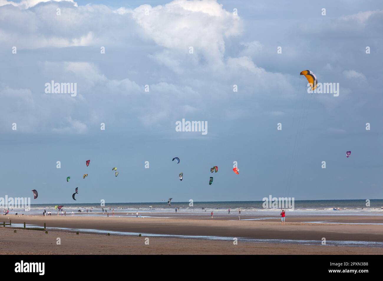 Sunny windy Camber Sands at Rye Bay by English Channel on Sussex Kent ...