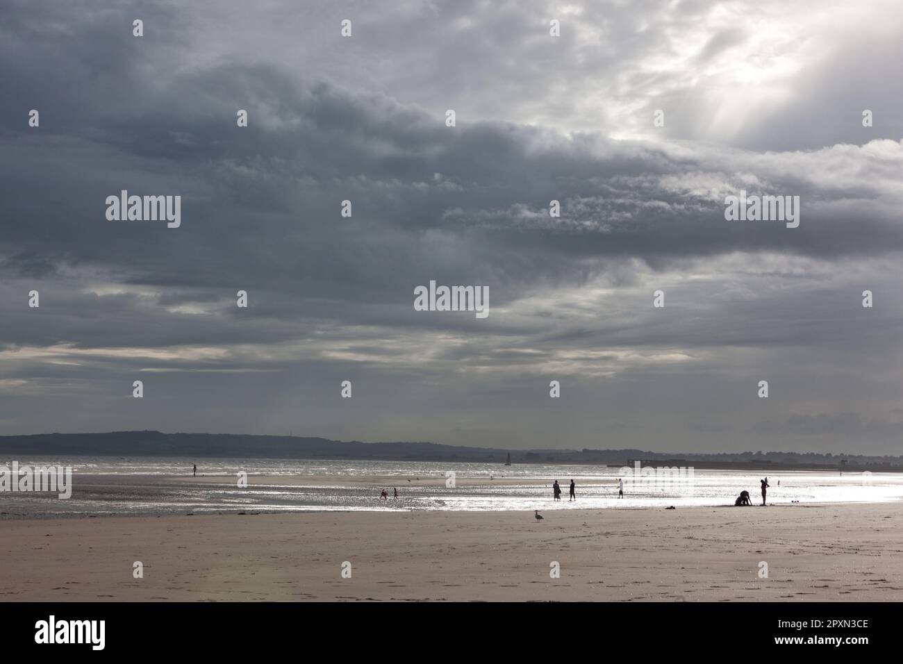 Sunny windy Camber Sands at Rye Bay by English Channel on with big blue ...