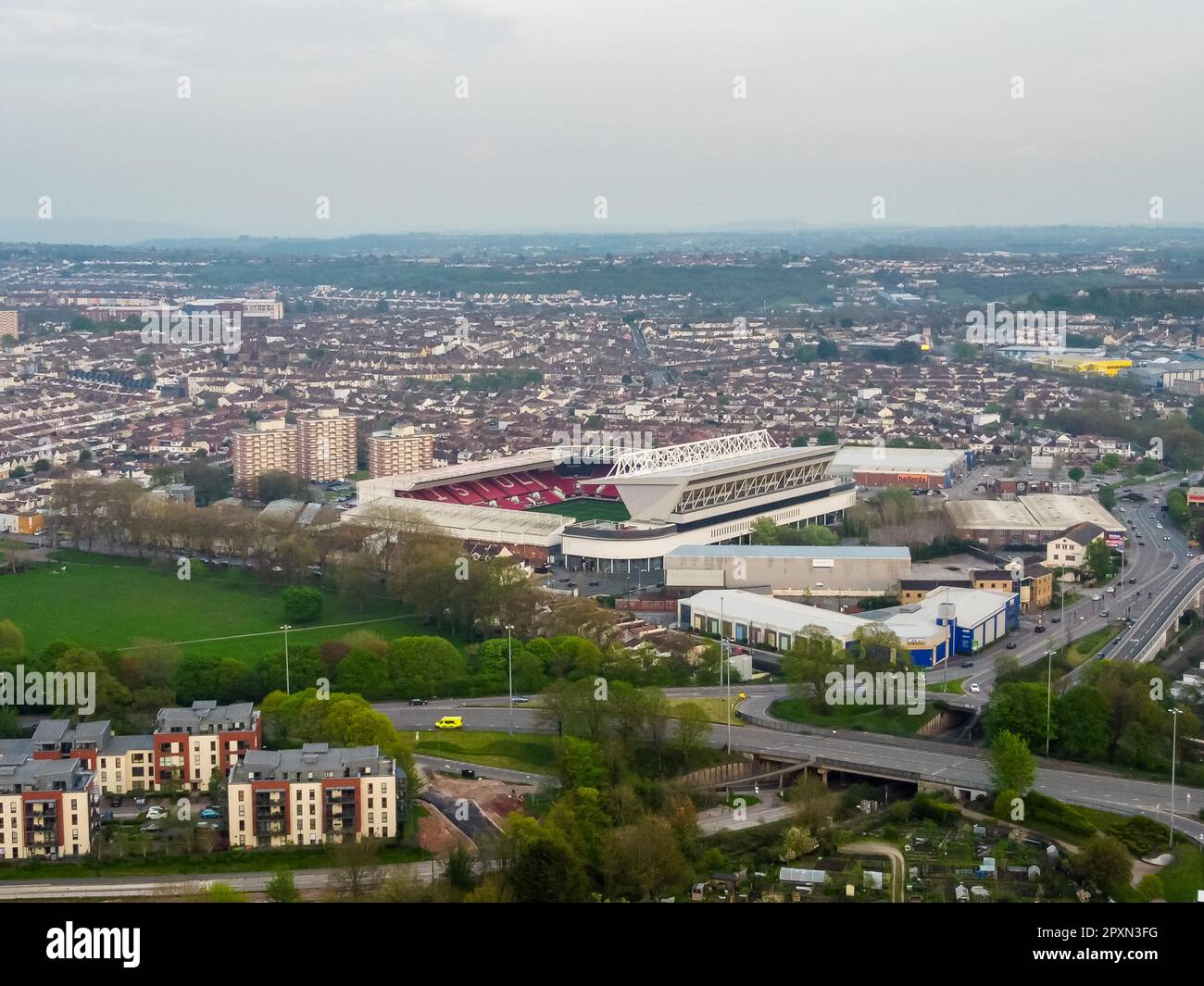 General view from the air of Ashton Gate Stadium at Bristol, UK, home ...