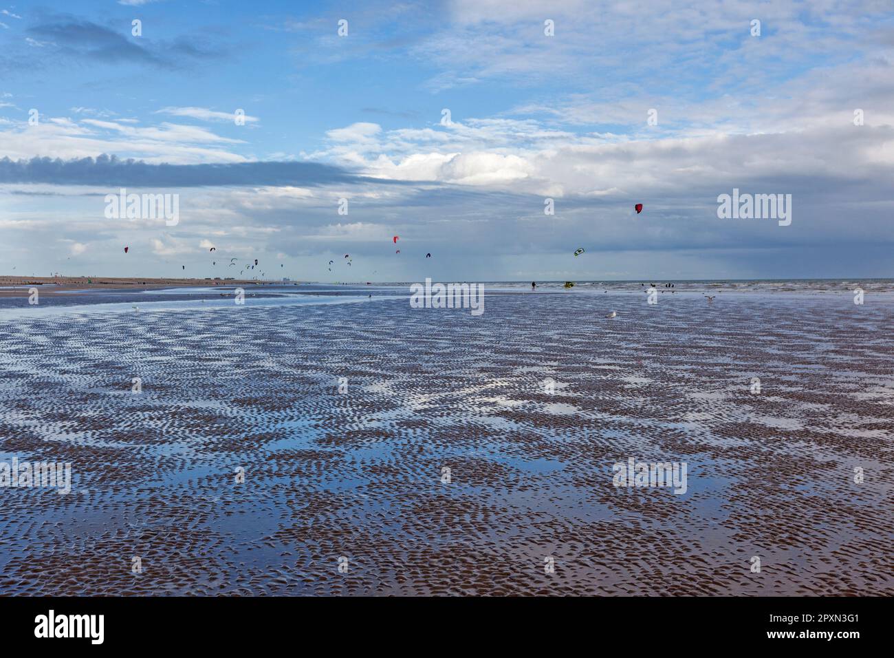 Sunny windy Camber Sands at Rye Bay by English Channelwith big blue sky ...