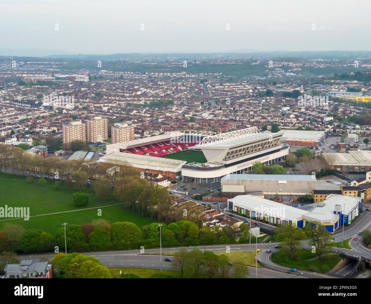 General view from the air of Ashton Gate Stadium at Bristol, UK, home ...