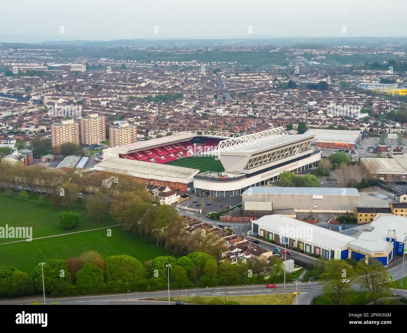 General view from the air of Ashton Gate Stadium at Bristol, UK, home ...