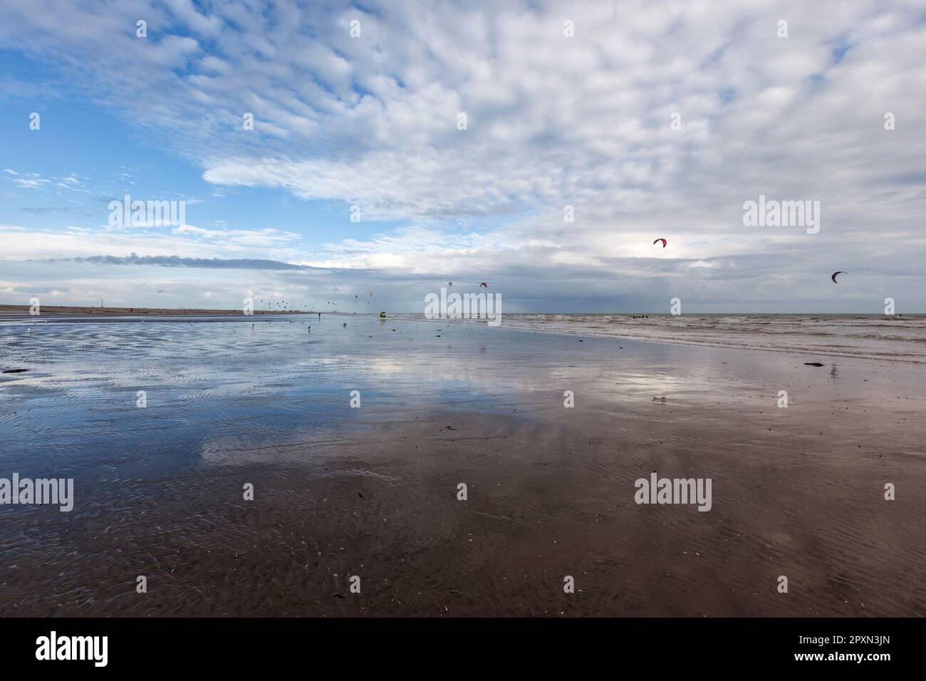Sunny windy Camber Sands at Rye Bay by English Channel with big blue ...